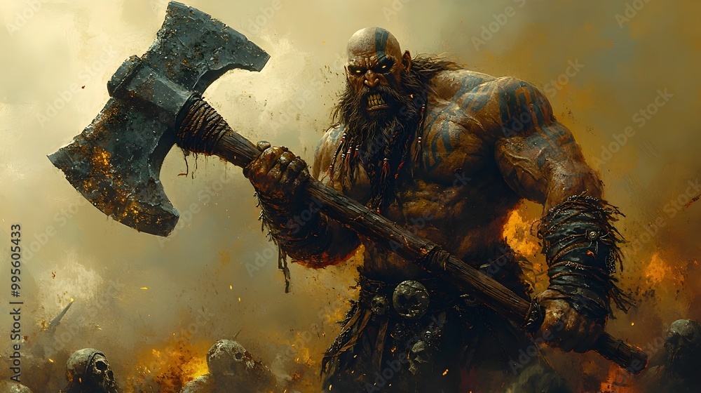 Hulking Barbarian Warrior Decimating Foes with Enormous Battleaxe on ...
