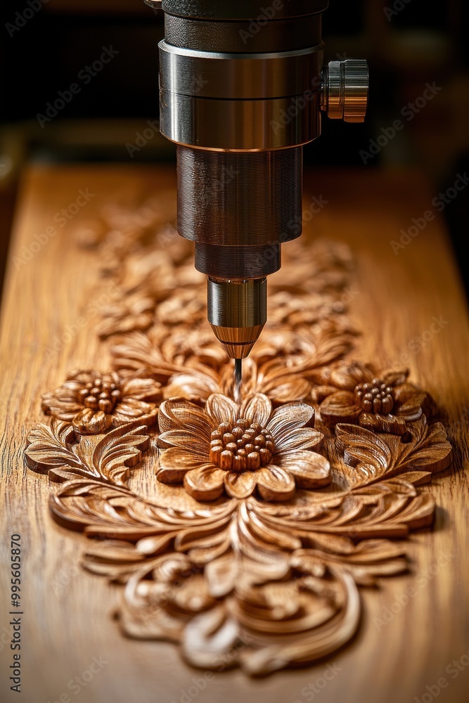 CNC machine carving intricate wooden pattern with laser tool, focus on ...