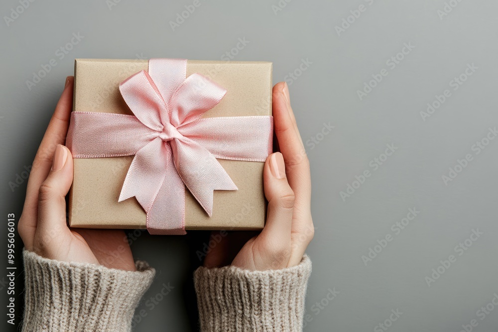 Hands holding a gift box with a pink ribbon. Great for illustrating the ...