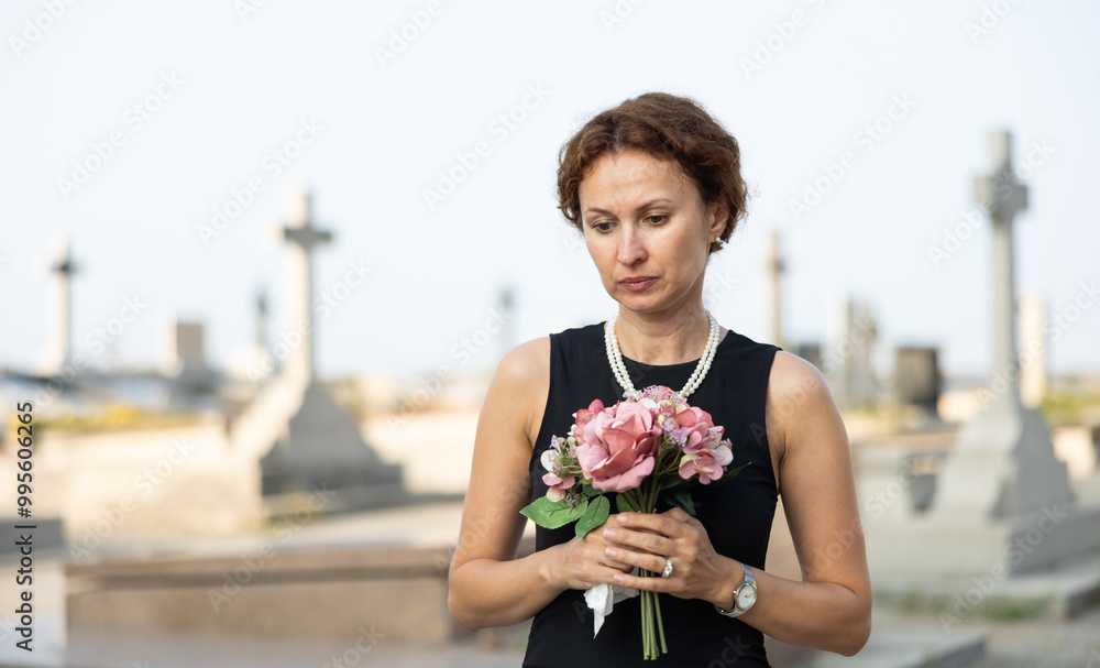 Sorrowful woman in mourning black dress standing in cemetery with ...