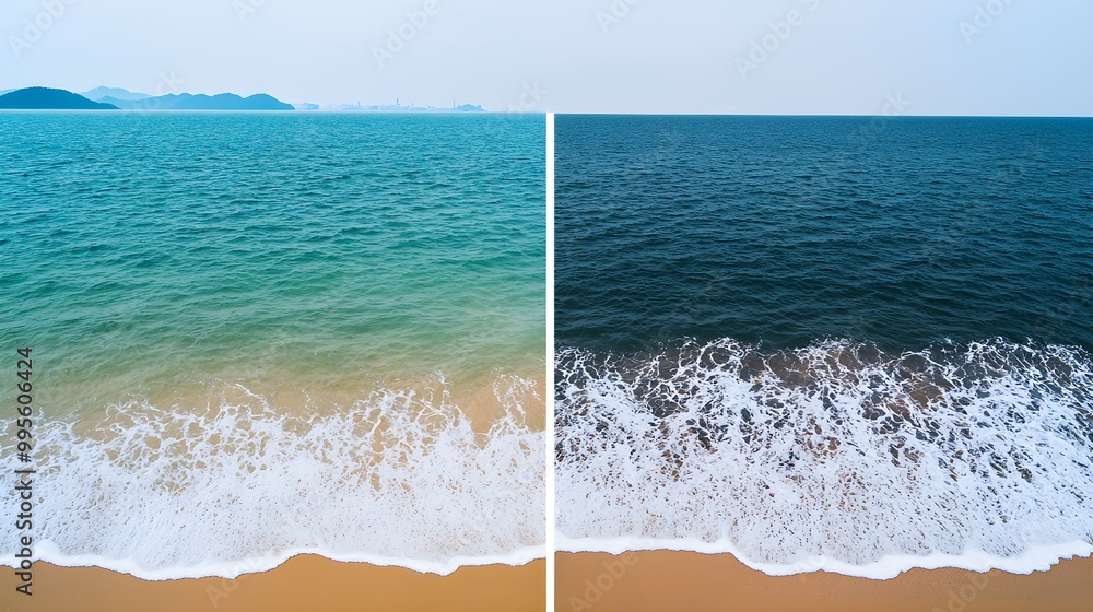 Stunning view of ocean waves contrasting turquoise and deep blue waters ...