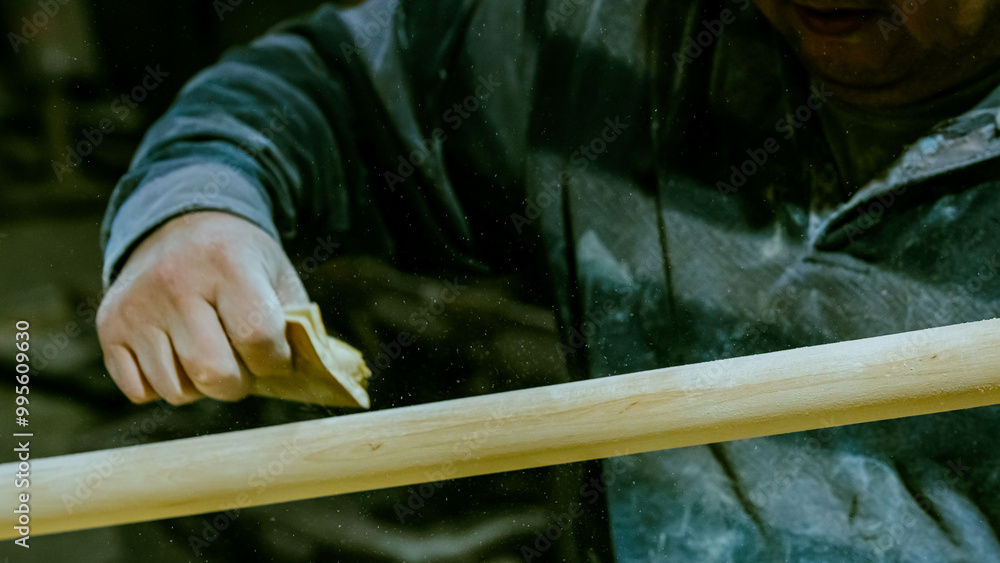carpenter using nail gun or brad nailer tool on wood box in a workshop ...