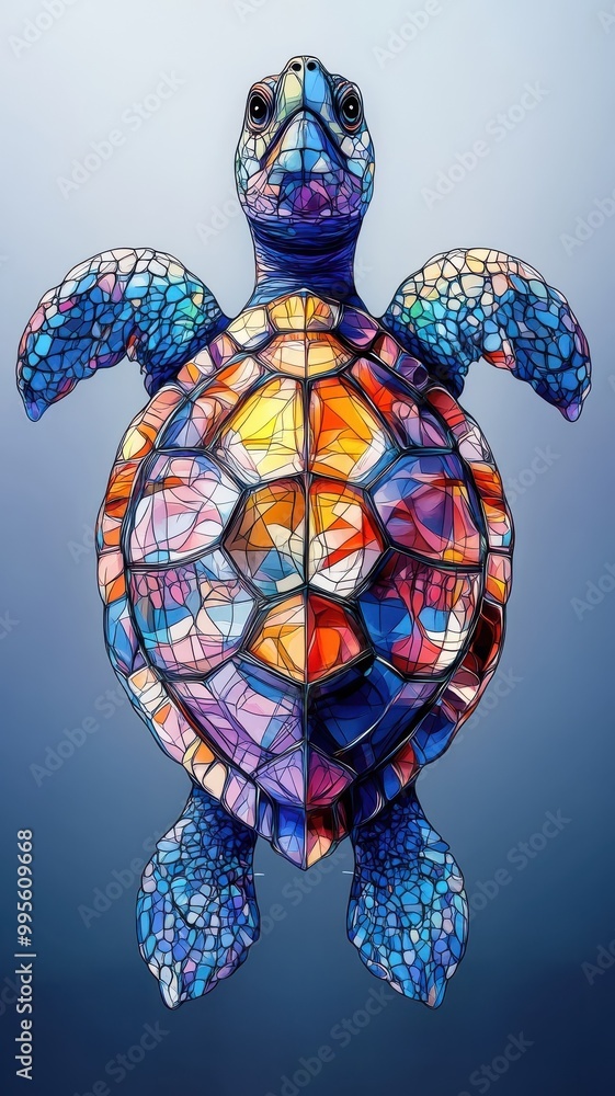 Stylized, a turtle or tortoise illustrated with distinctive color ...