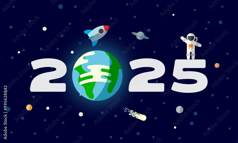 2025 text design with planet Earth in space. New Year flat background ...