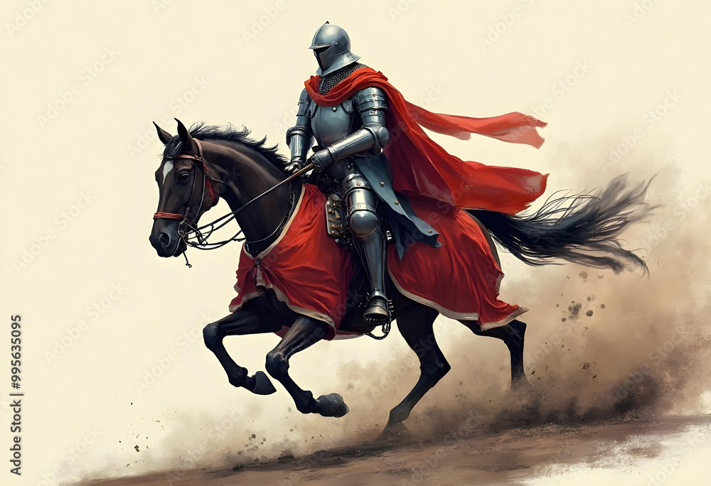knight in shining armor rides powerful horse, adorned with flowing red ...