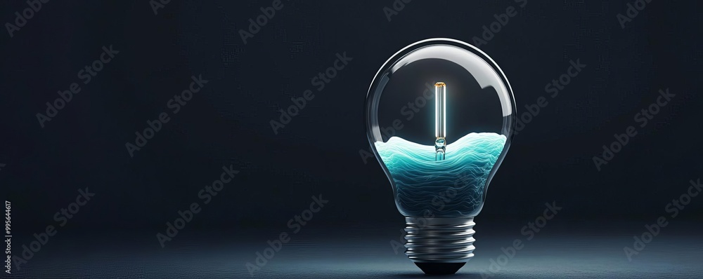 Electric light bulb with a miniature ocean inside, waves glowing softly ...