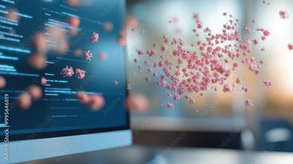 A computer screen displaying a complex 3D model of particle interactions, showing the results of ...