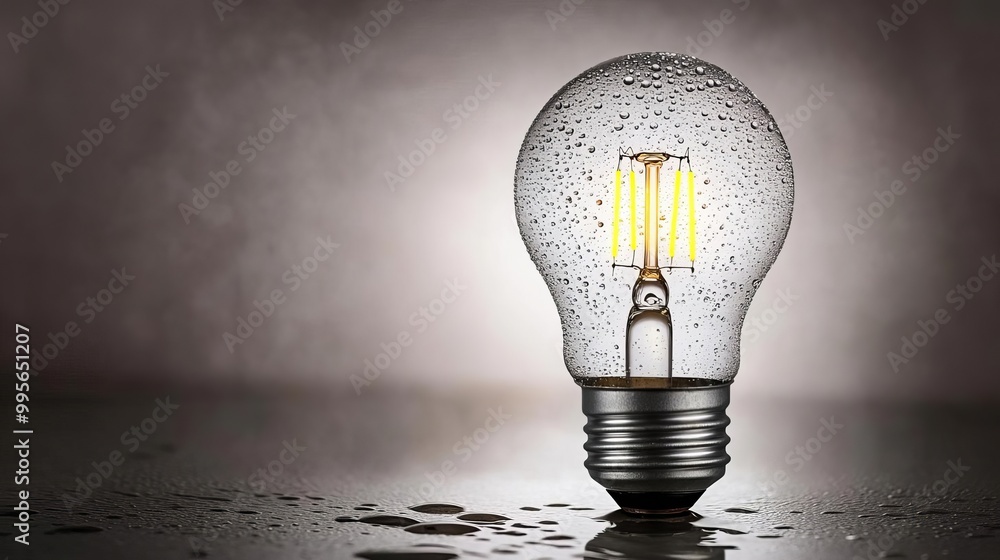 Electric light bulb with water droplets clinging to its surface ...