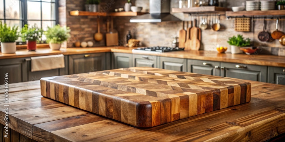 Wooded butcher end grain chopping block on a rustic kitchen countertop ...