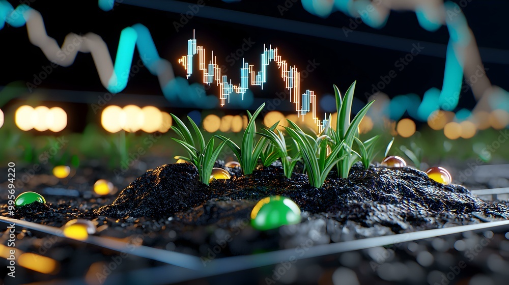 Fantasy landscape featuring vibrant charts and graphs, merging nature ...