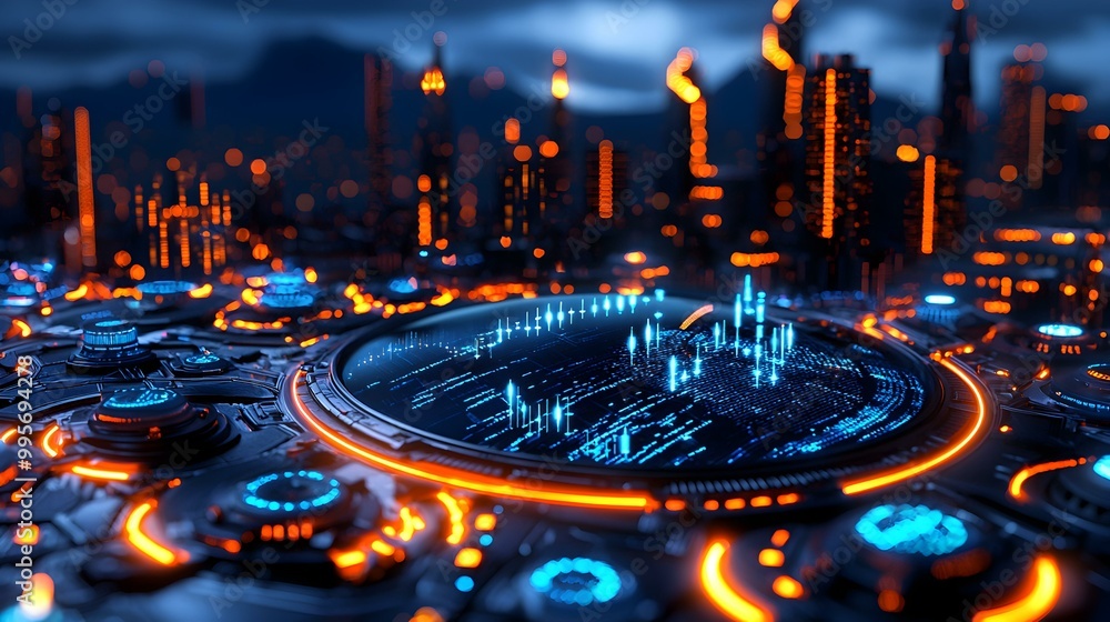 Fantasy landscape featuring vibrant charts and graphs, merging nature ...
