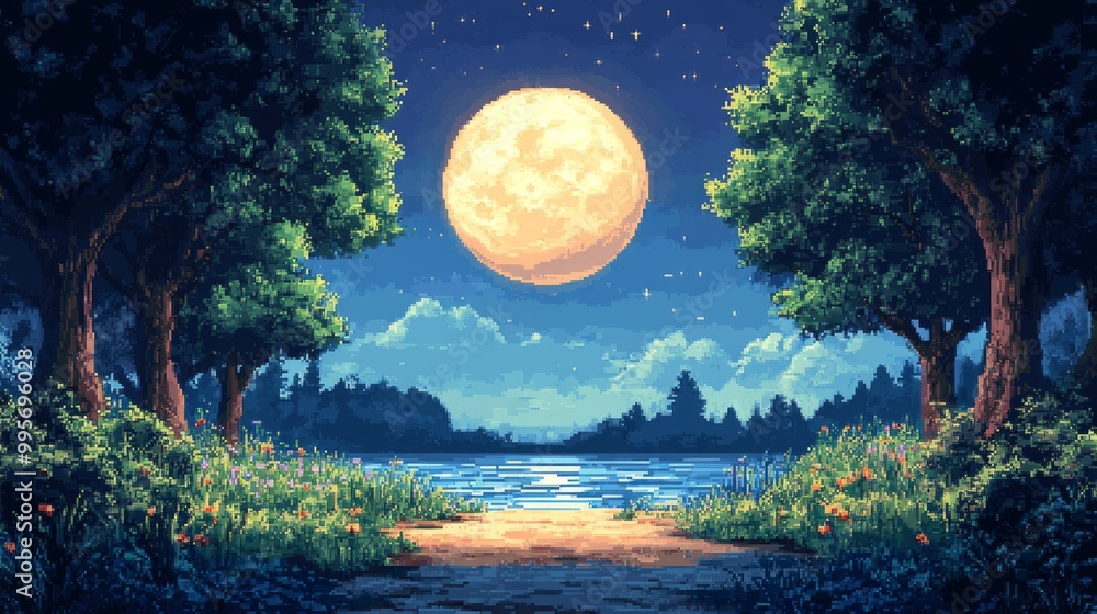 Pixel art night scene with a full moon, trees, and a lake. . Stock ...