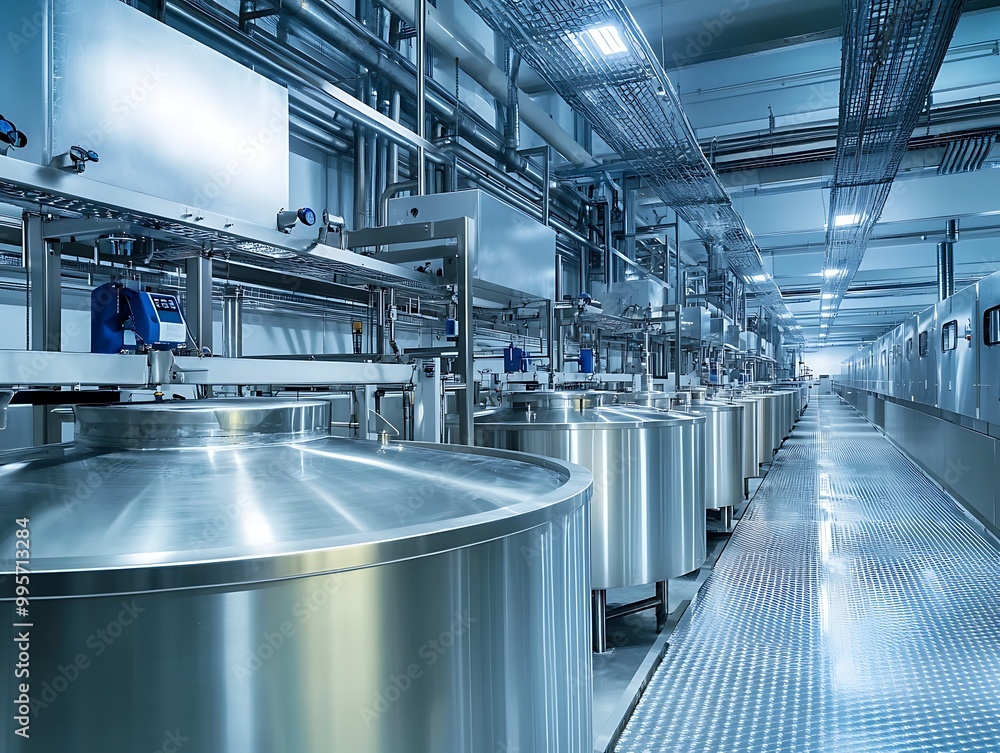 Large stainless steel vats in a dairy plant used for cheese production ...