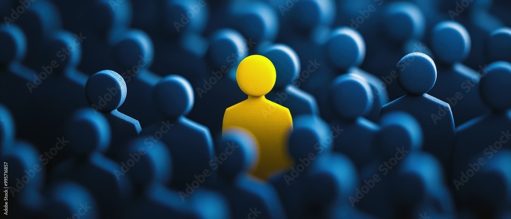 Bright yellow figure standing out among a crowd of dark blue figures ...