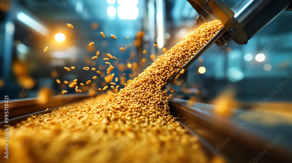 ภาพประกอบสต็อก Industrial machines processing grains in a food ...