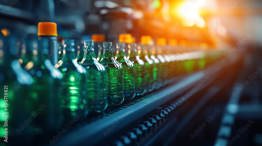 Plastic bottles being molded and shaped in an injection molding machine ...