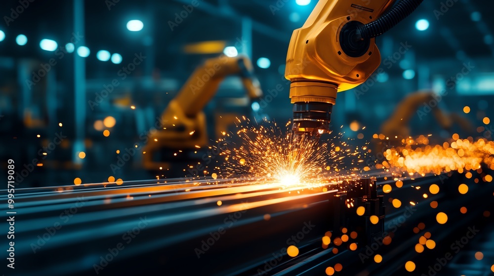 Robotic arms assembling and welding steel frames in a manufacturing plant, steel frame ...