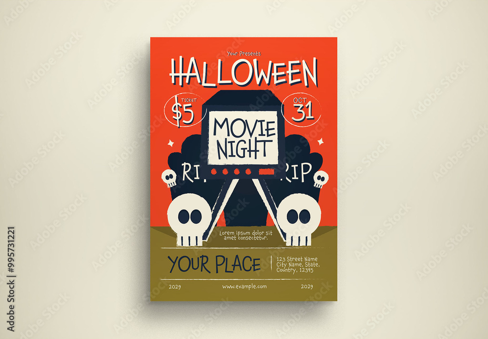 Orange Hand Drawn Halloween Movie Night Flyer Layout Stock Template ...