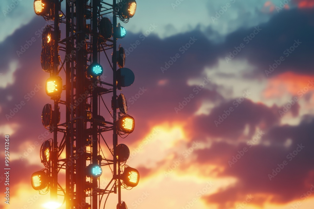 3D Base Station Receivers on Tall Towers During Sunset, Highlighting ...