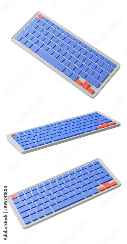 Three different angles of a modern blue and red keyboard. 3D rendering ...