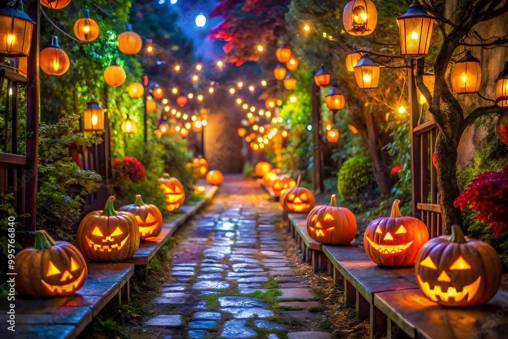 Enchanted Halloween Lane: Jack-o'-lanterns illuminate a cobblestone pathway, creating a magical ...