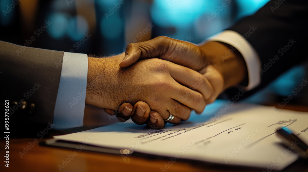 Successful contract signing with handshake symbolizes agreement and ...