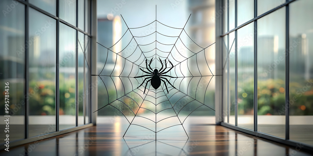 Spiderweb in the Window: A large spiderweb hangs in a window frame ...