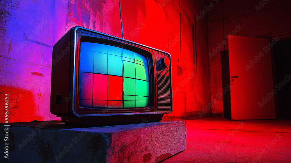 An old-fashioned television set placed on a surface, possibly a table ...