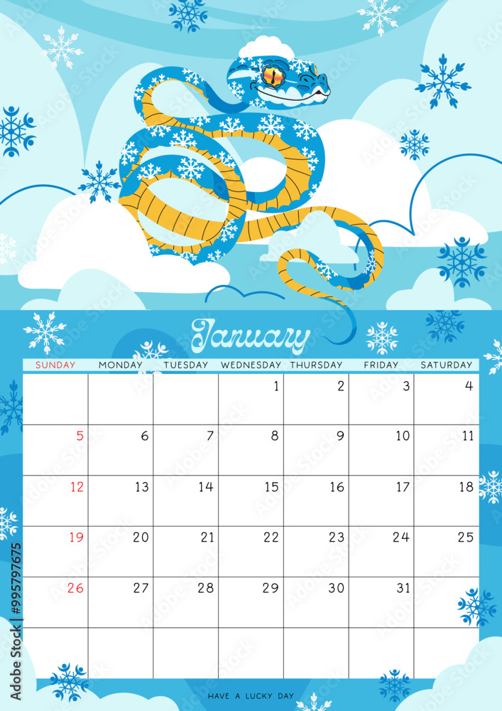 Vertical page calendar for January 2025 with cute winter snake. The ...