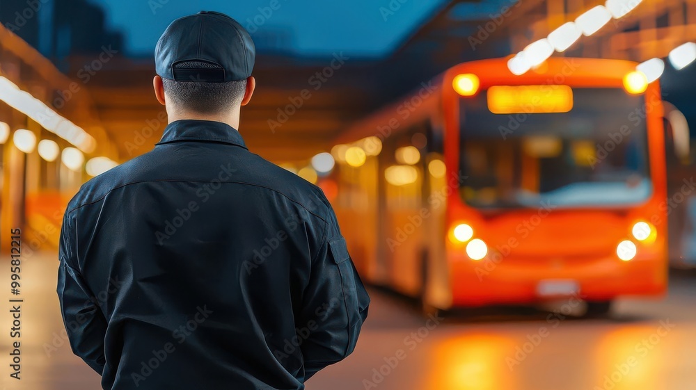 A security guard monitoring a busy bus station terminal, symbolizing ...