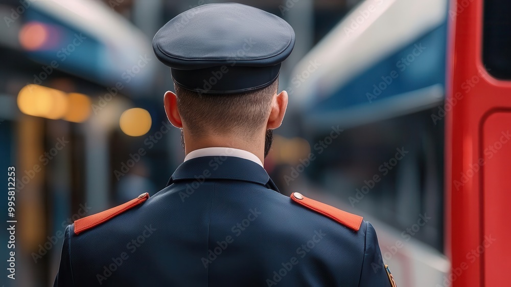 A security guard monitoring a busy bus station terminal, symbolizing ...