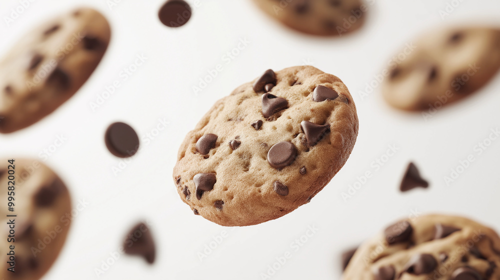 Multiple chocolate chip cookies floating in mid-air against a white ...