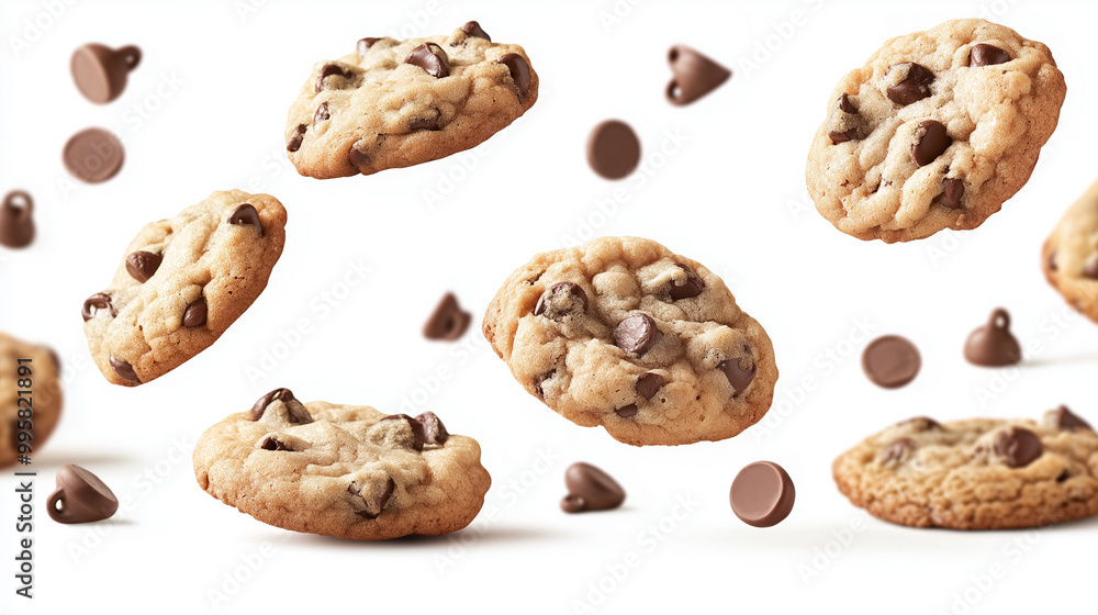 Multiple chocolate chip cookies floating in mid-air against a white ...