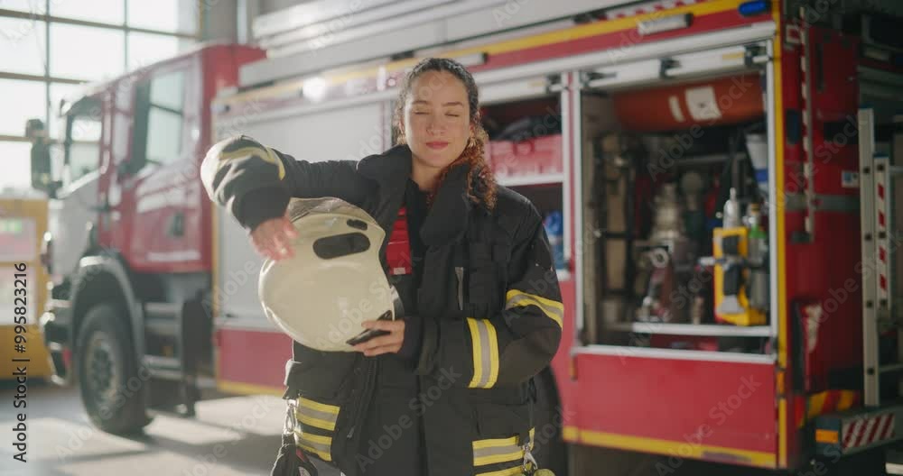 Confident Hispanic Female Firefighter Standing Proudly in Front of a ...