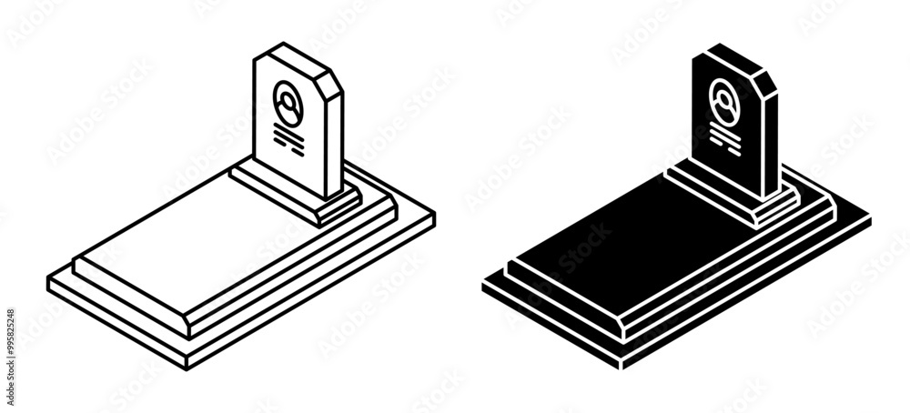 Linear icon, Isometric Halloween cemetery tombstone with photo and date ...