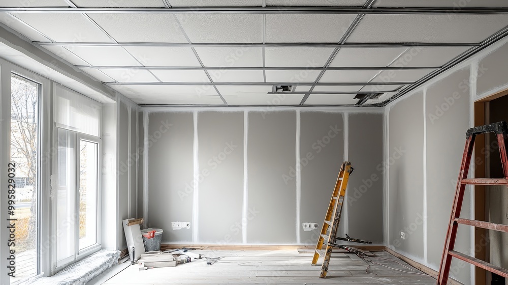 Installation of plasterboard ceiling with a metal profile structure ...