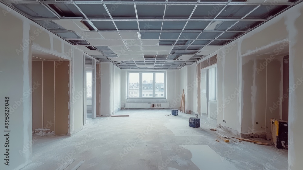Installation of plasterboard ceiling with a metal profile structure ...