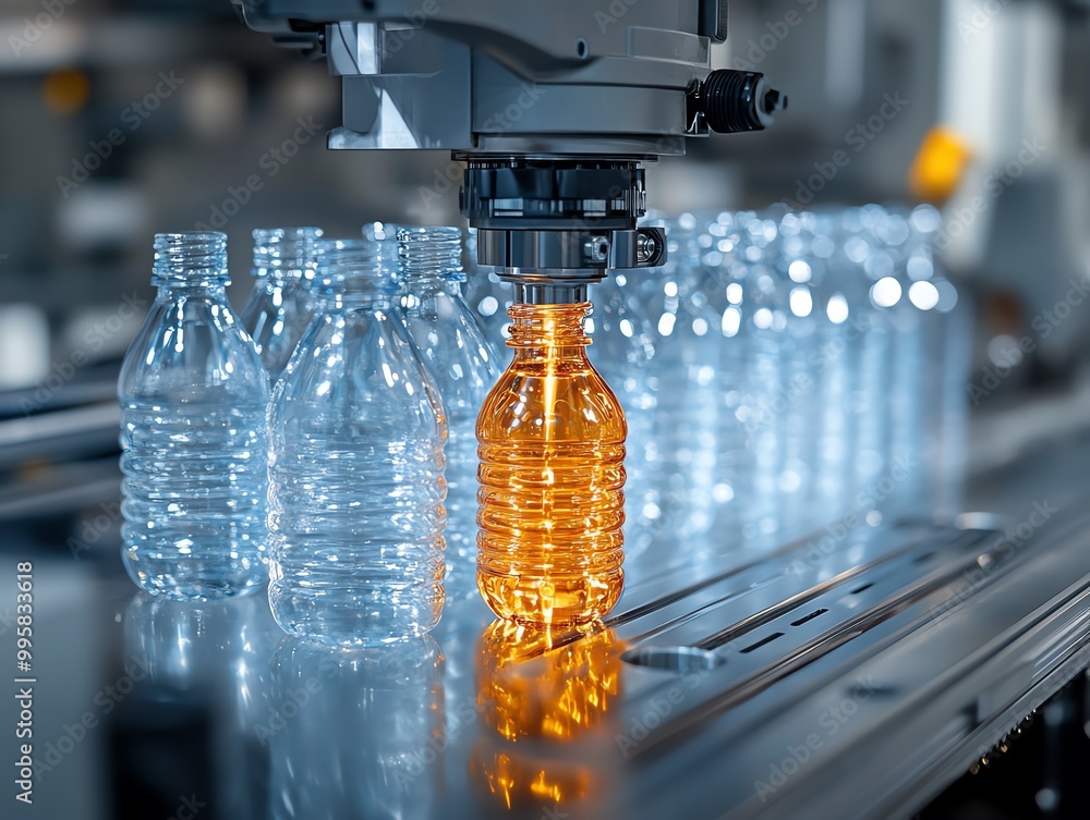 Plastic bottles being molded and shaped in an injection molding machine ...