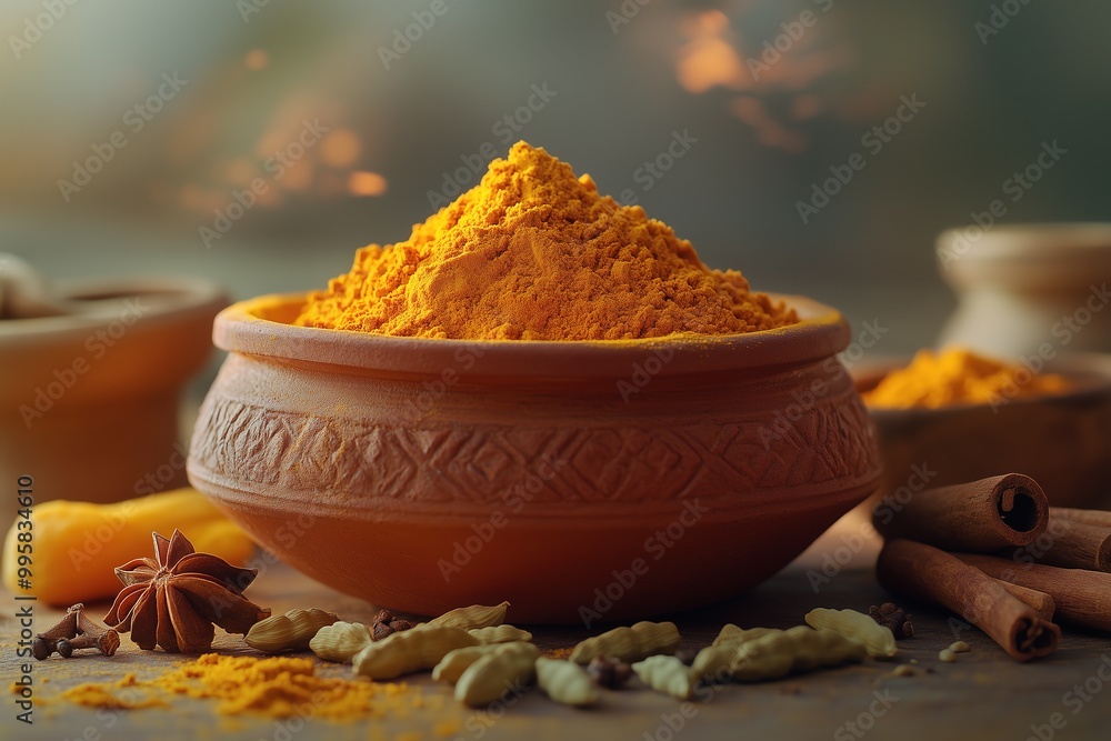 Still Life Composition with Turmeric Powder in a Terracotta Bowl, Whole ...