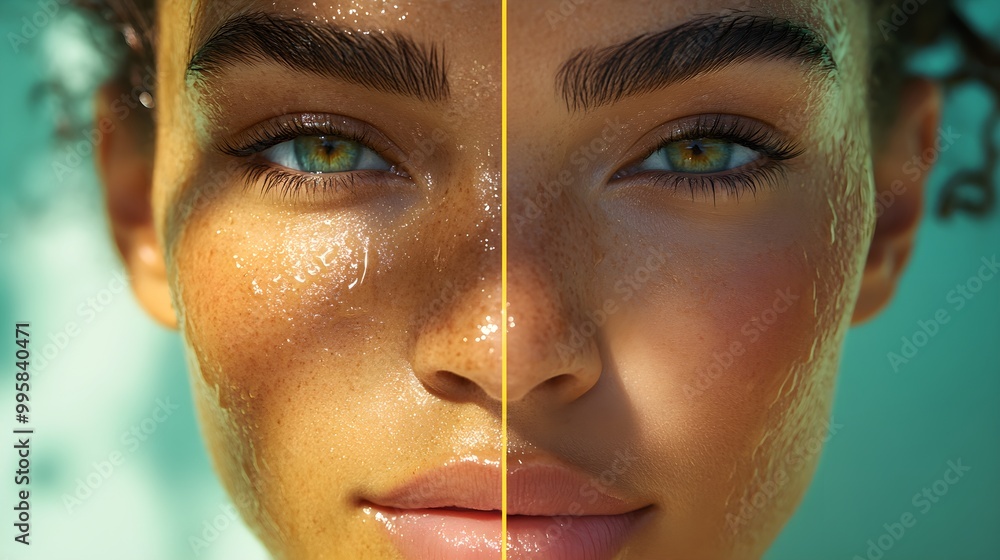 Digital split image before with dull, oily skin and after with fresh ...