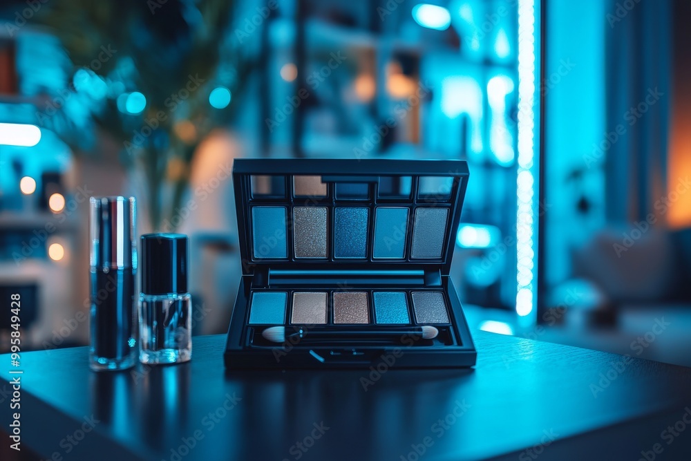 Professional makeup setup with black eyeshadow palette and beauty ...