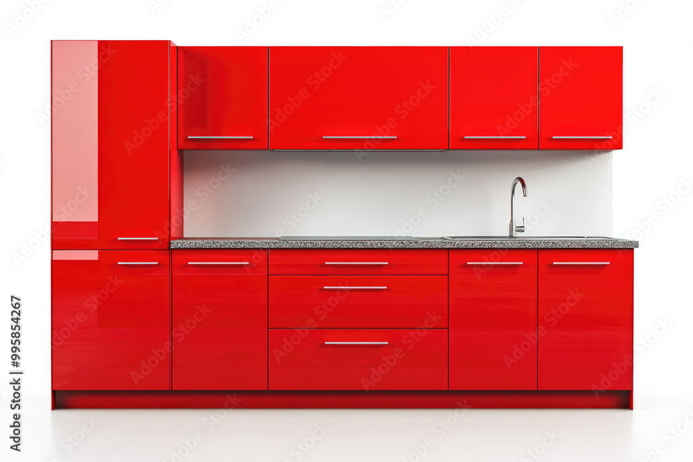 Bright red kitchen cabinet set with silver handles and a dark ...