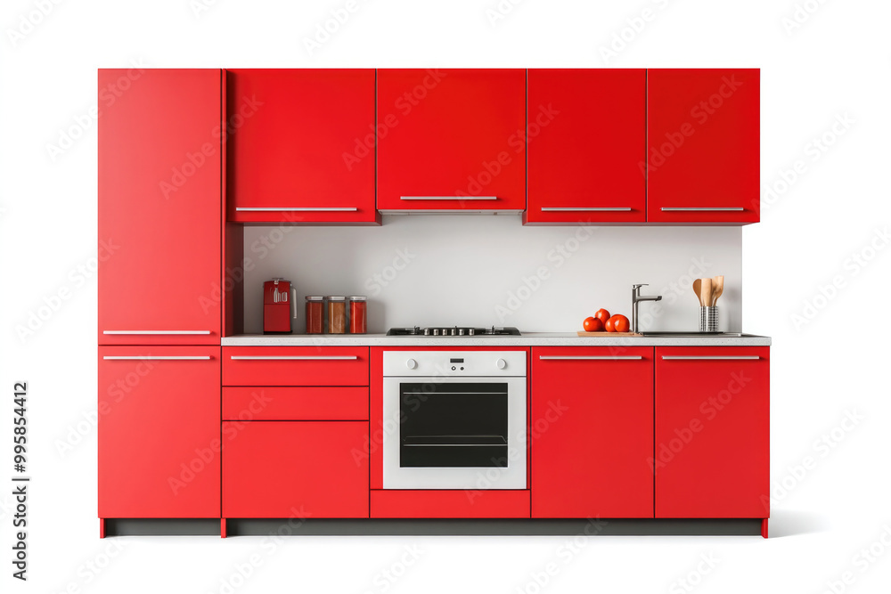 Minimalist red kitchen cabinet set with integrated appliances and ...