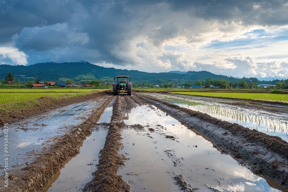 Farm Work: Tractor Tilling Waterlogged Paddy Fields for Rice Planting ...