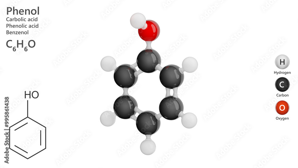 model of Phenol molecule C6H6O. Phenol and its chemical derivatives are ...