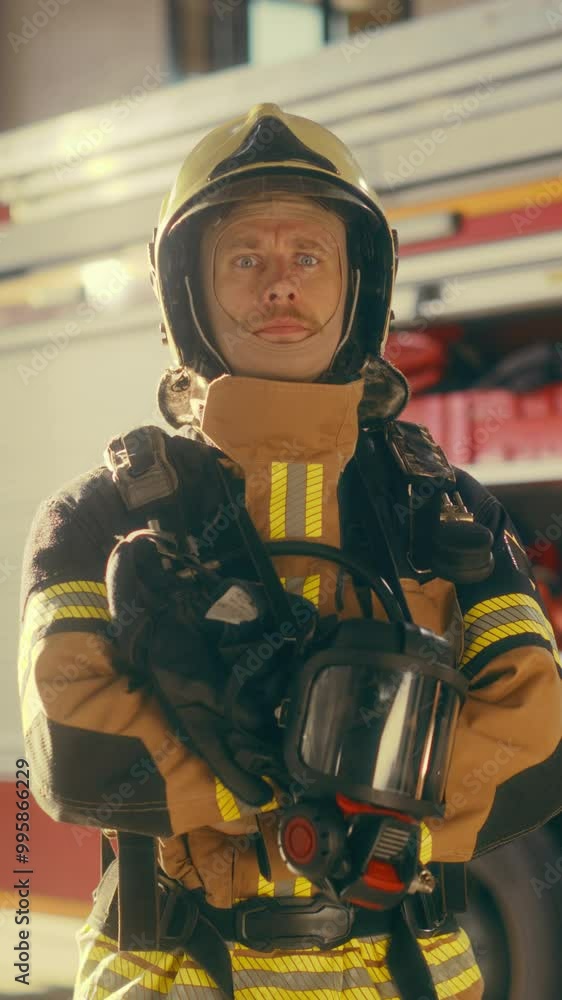 Vertical Screen: Portrait of a Firefighter Standing in Front of a Fire ...