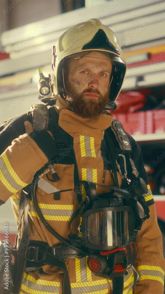 Vertical Screen: Dressed in His Firefighter Uniform and Helmet, Man ...