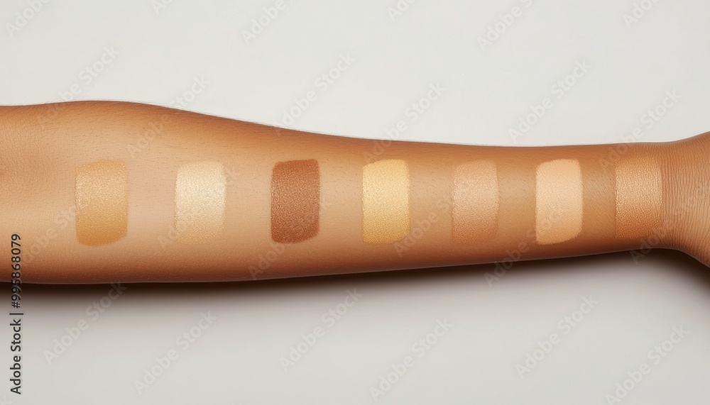 A forearm with a gradient of bronzer swatches, from light golden tan to ...