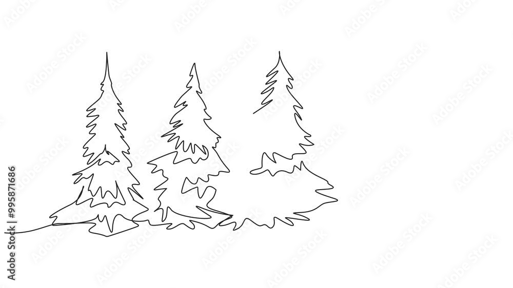 Animation of single one line drawing many large pine trees lined up ...