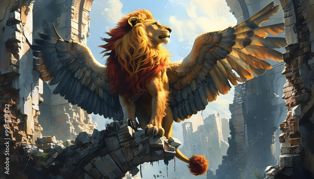 mythical creature of lion and eagle perched on ancient ruins, embodying ...